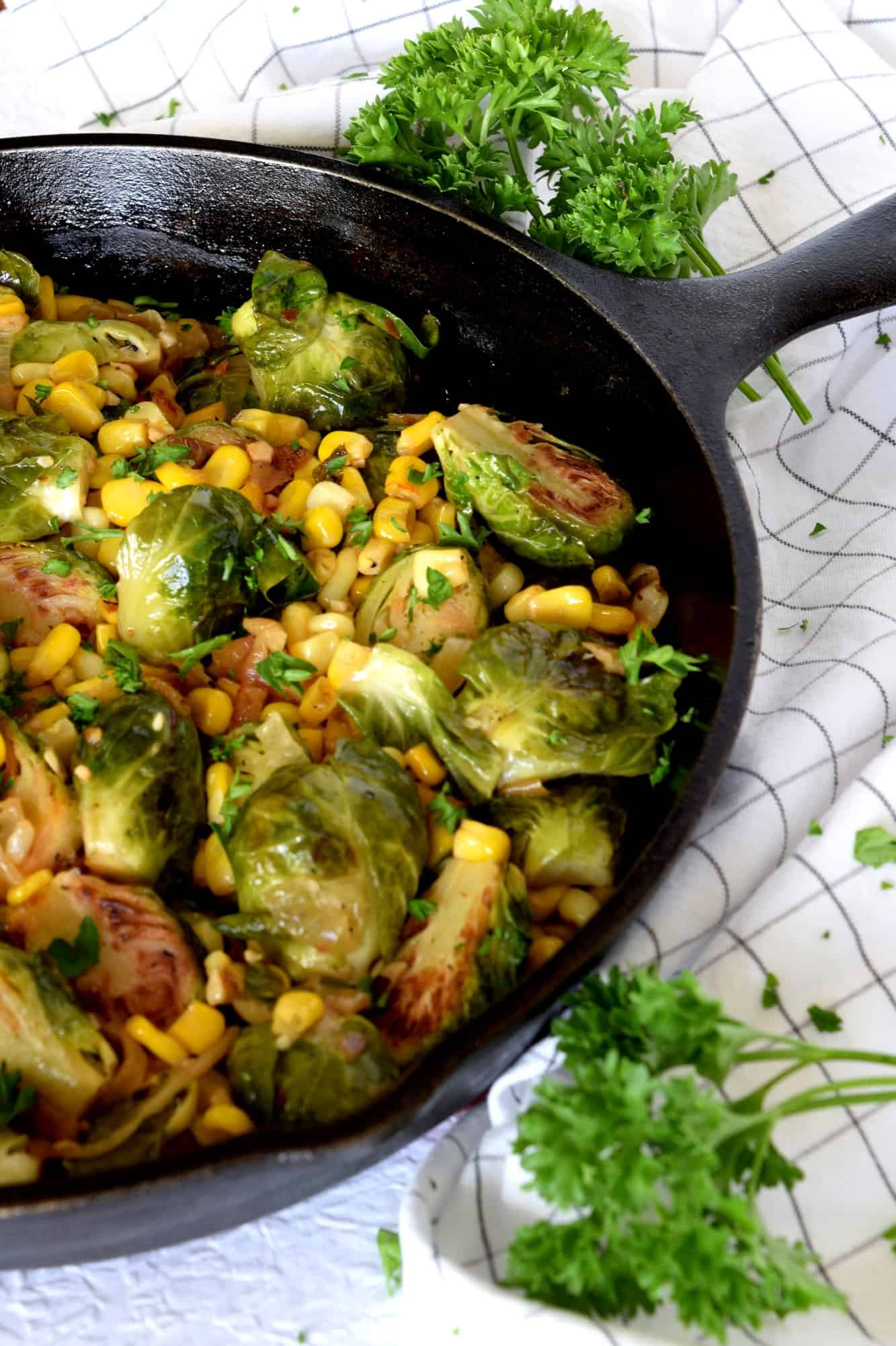 Brussel Sprouts with Corn and Onions